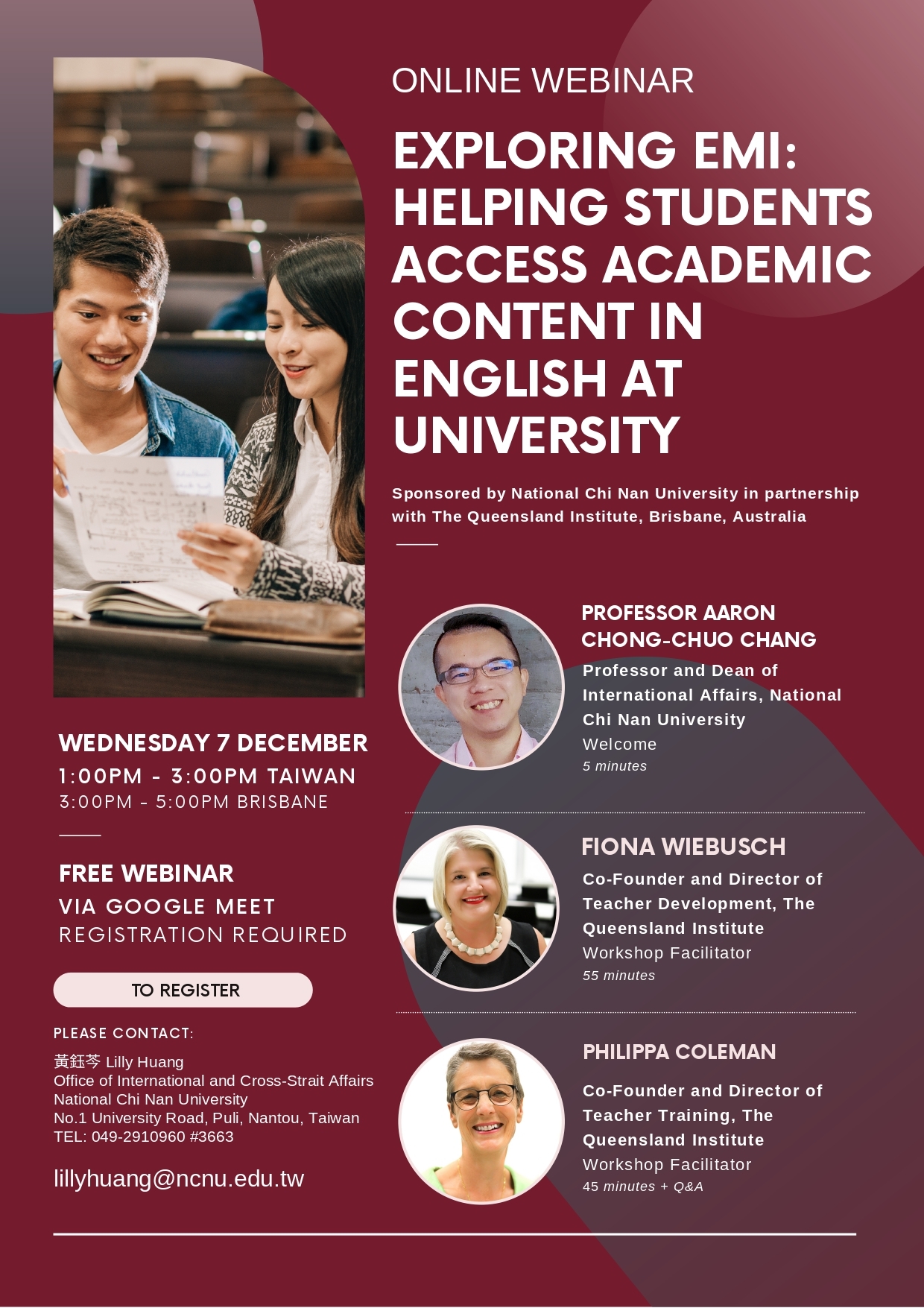 【雙語教學推動辦公室】轉發國立暨南國際大學,於111年12月7日(三) 13時至15時 ,辦理「Exploring EMI: Helping ...